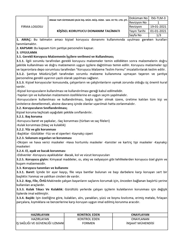Ki̇şi̇sel Koruyucu Donanim Tali̇mati | PDF