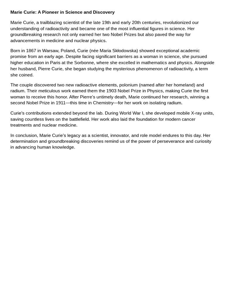 Marie Curie A Pioneer in Science and Discovery | PDF