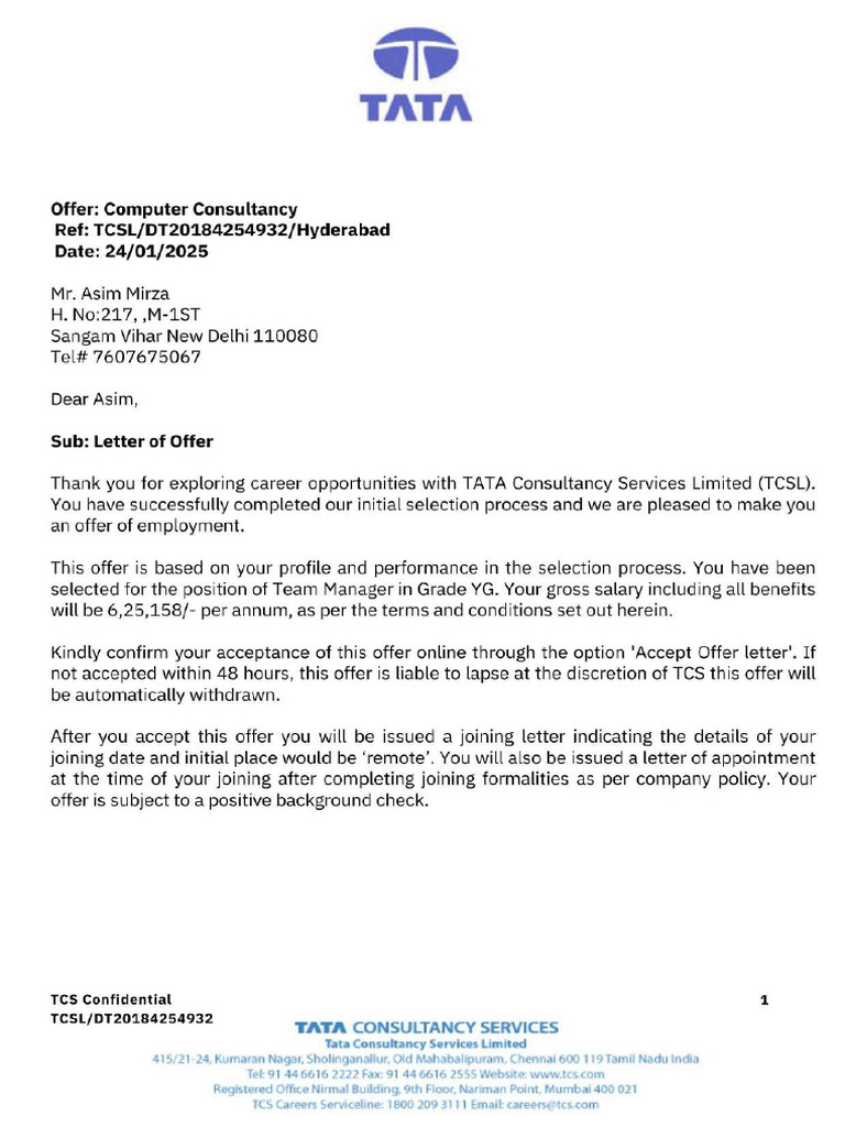 Tcs Digital Offer Letter | PDF