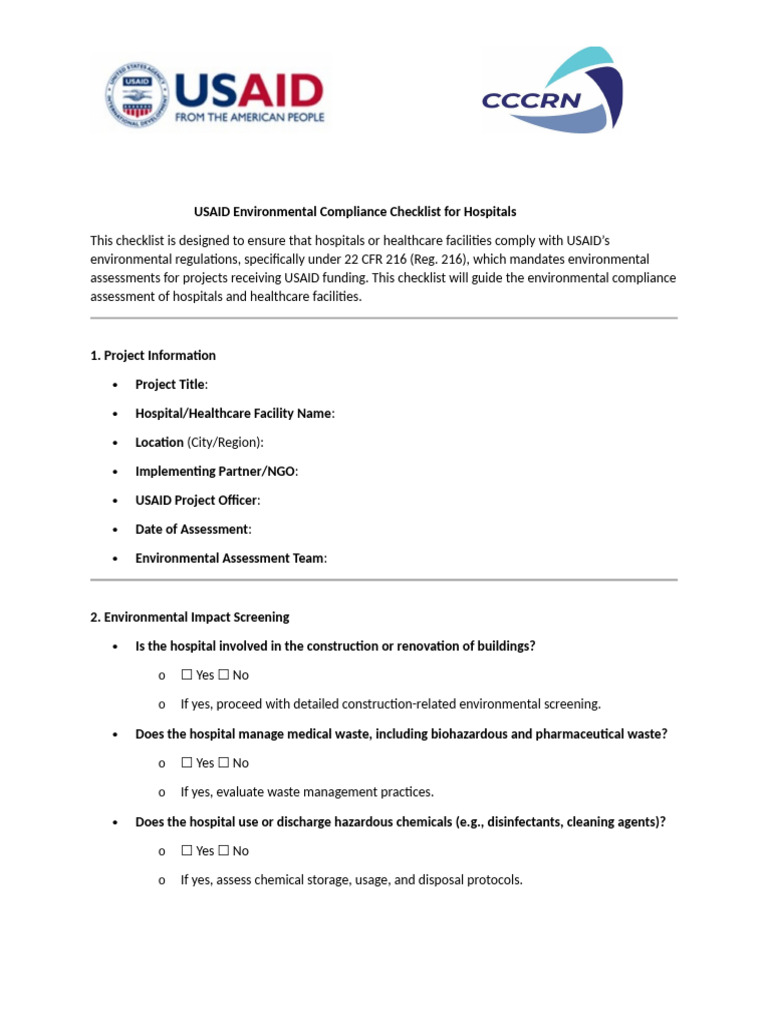 USAID Environmental Compliance Checklist For Hospitals | PDF | Waste ...