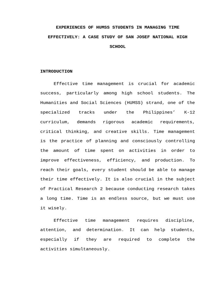 Experiences of HUMSS Students in Managing Time Effectively A Case Study ...