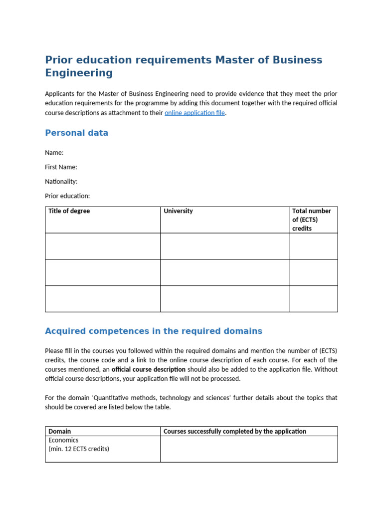 Prior Education Requirements MBEng | PDF | Statistics | Linear Programming