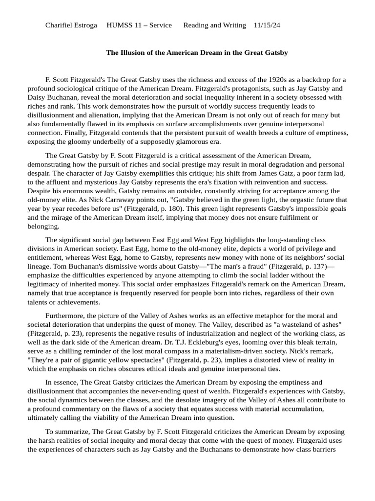 -HUMSS-11 | PDF | The Great Gatsby | American Dream