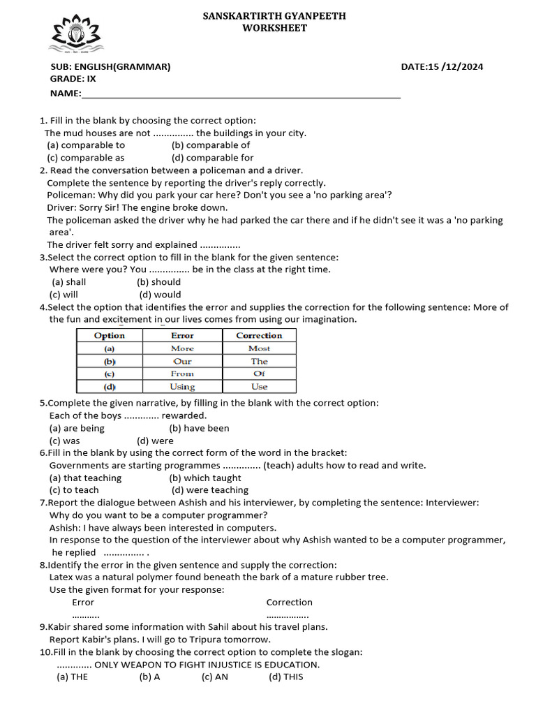 Grade IX English Grammar Worksheet | PDF