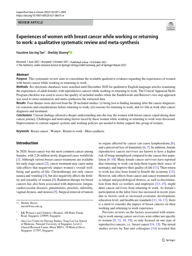 Experiences of women with breast cancer while working or returning to work: a qualitative ...