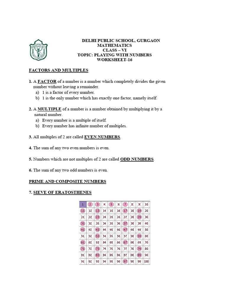 Factors and Multiples Worksheet for Class VI | PDF | Prime Number | Numbers