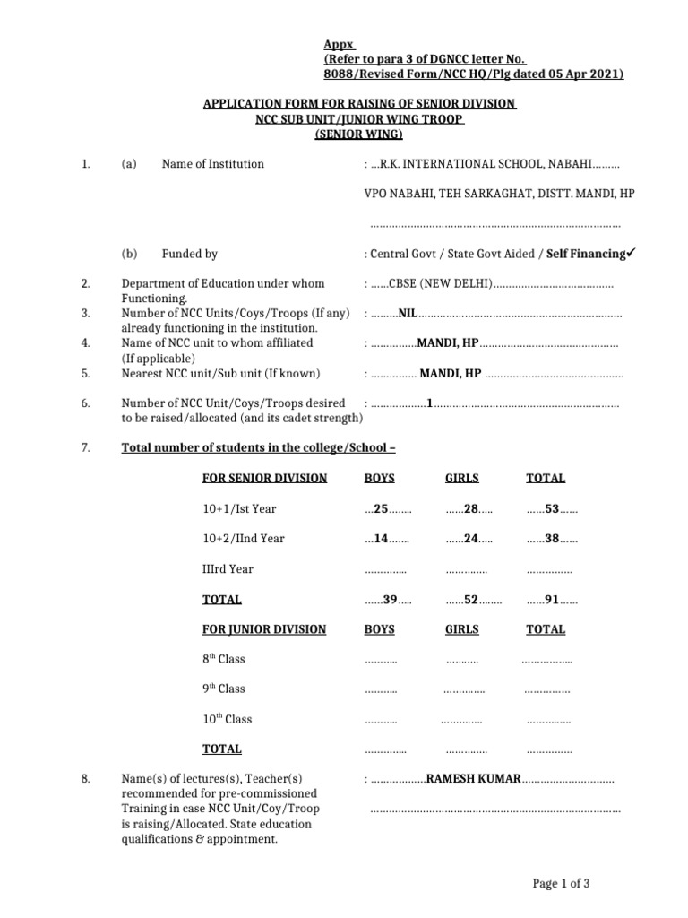 NCC Unit Application Form for Schools | PDF | Military Organization ...