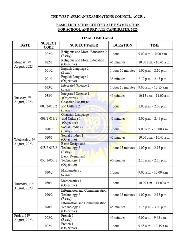 BECE Timetable 2023 Released | PDF