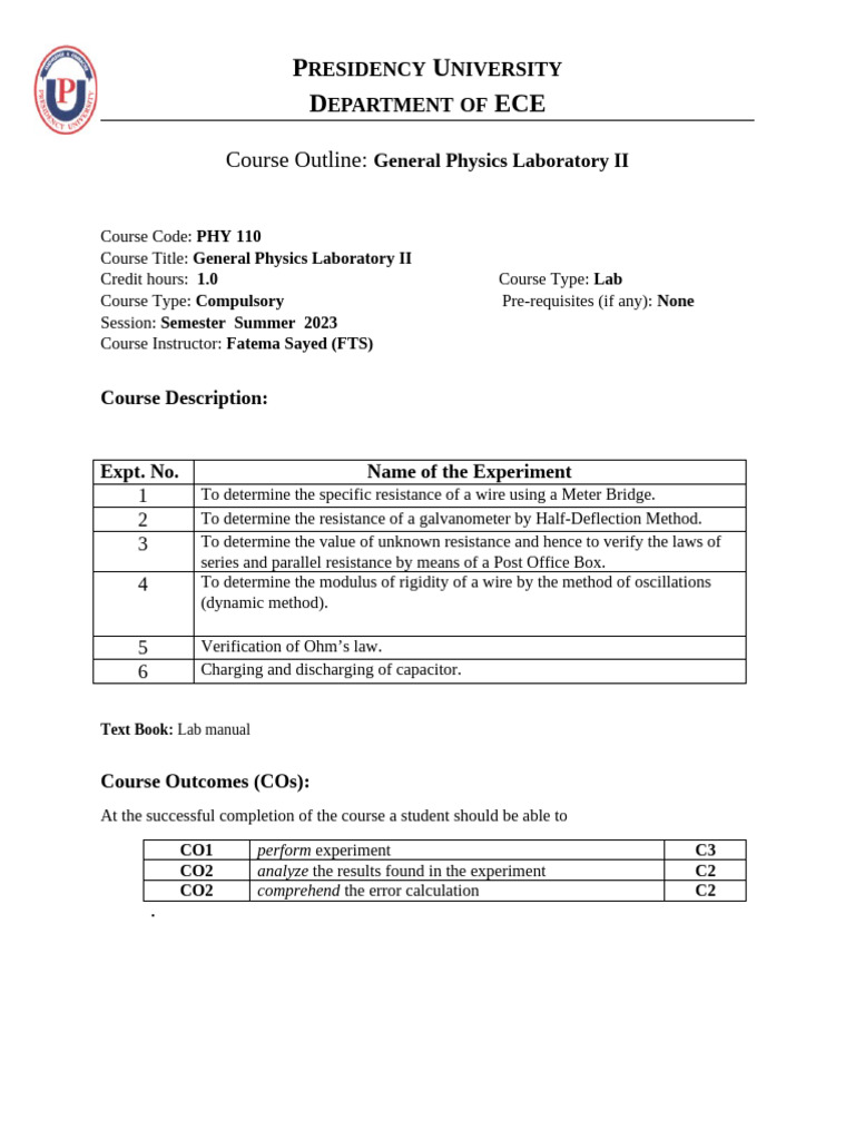 PHY 110 Course Outline | PDF | Experiment