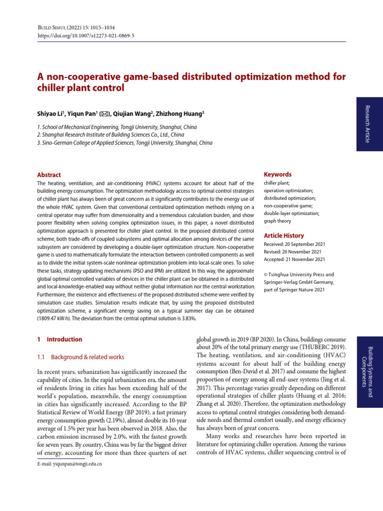 A Non-Cooperative Game-Based Distributed Optimization Method For Chiller Plant Control | PDF ...