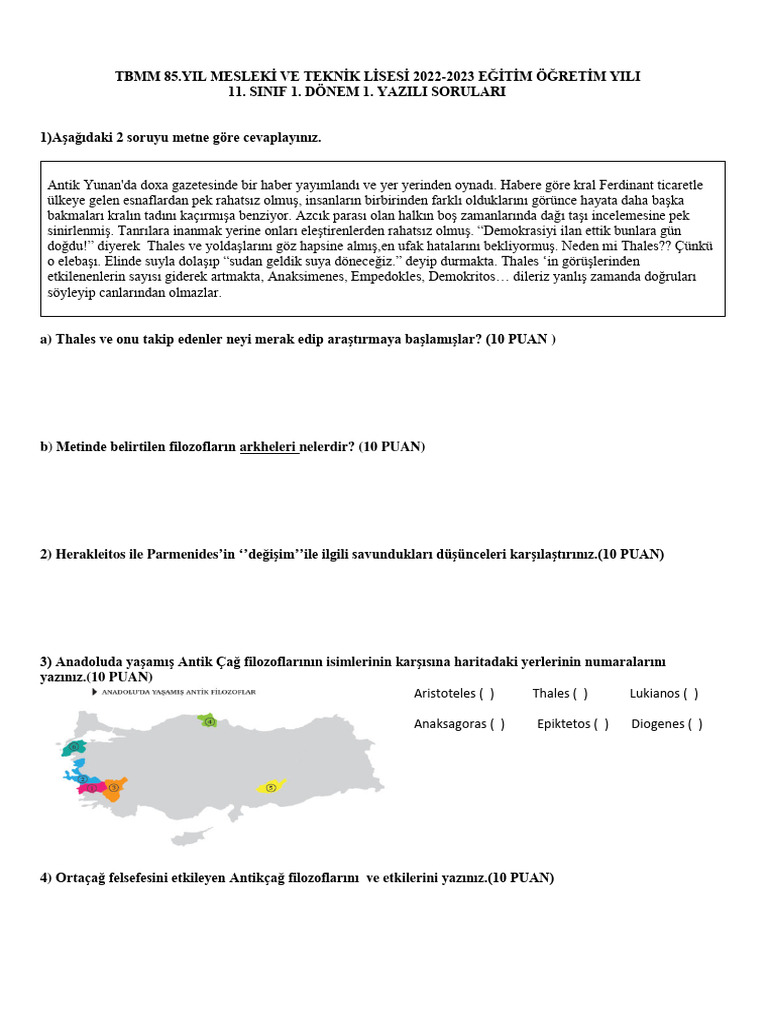11.sinif Felsefe 1.donem 1.yazili Sorulari | PDF
