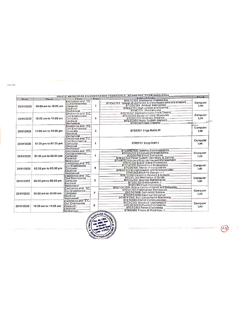 Remedial Exam Time Table | PDF