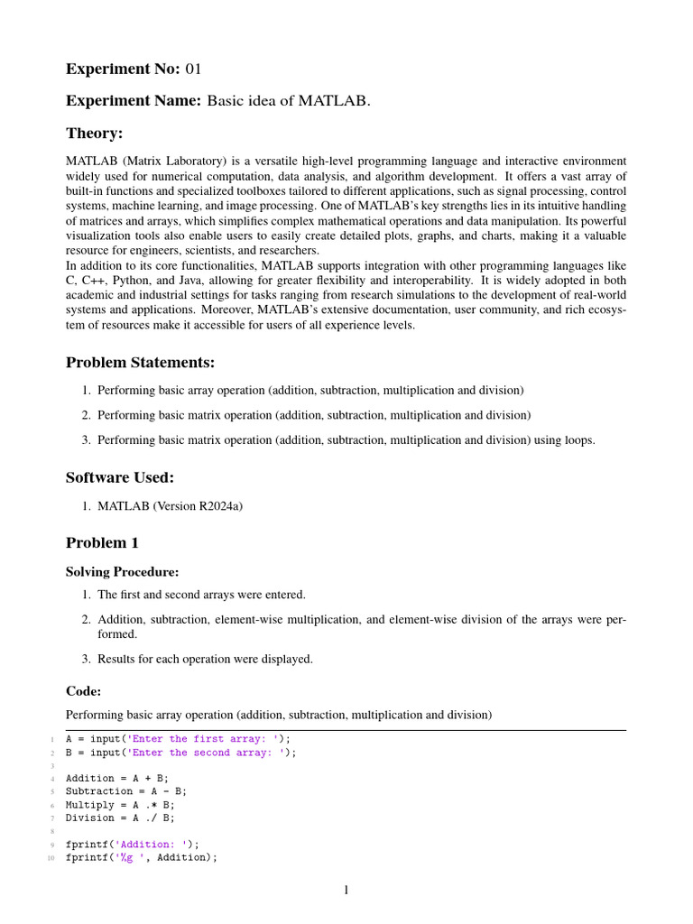 Numerical Methods Discrete Mathematics Lab Report 1 | PDF | Matrix (Mathematics) | Matlab