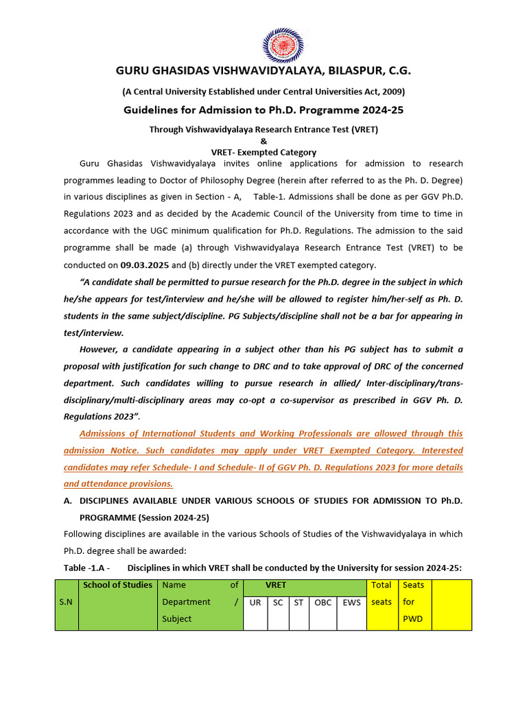 VRET Admission Procedure 2024-25 27.1.25 | PDF | Doctor Of Philosophy | Academic Degree