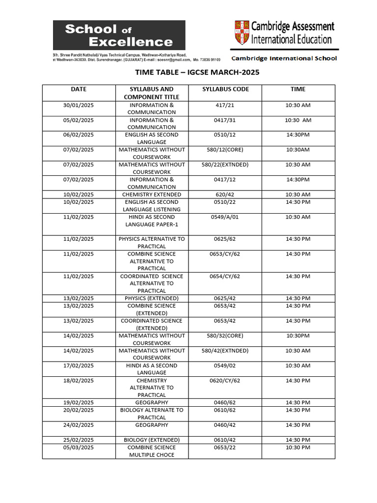 IGCSE March 2025 Exam Timetable | PDF | Science