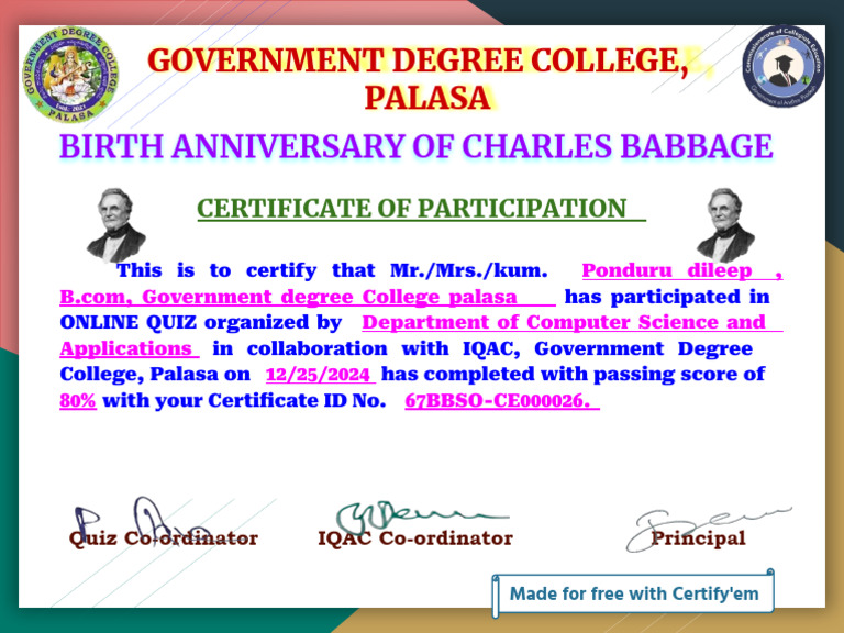 Certificate For Ponduru Dileep For - BIRTH ANNIVERSARY of CHARLE... | PDF