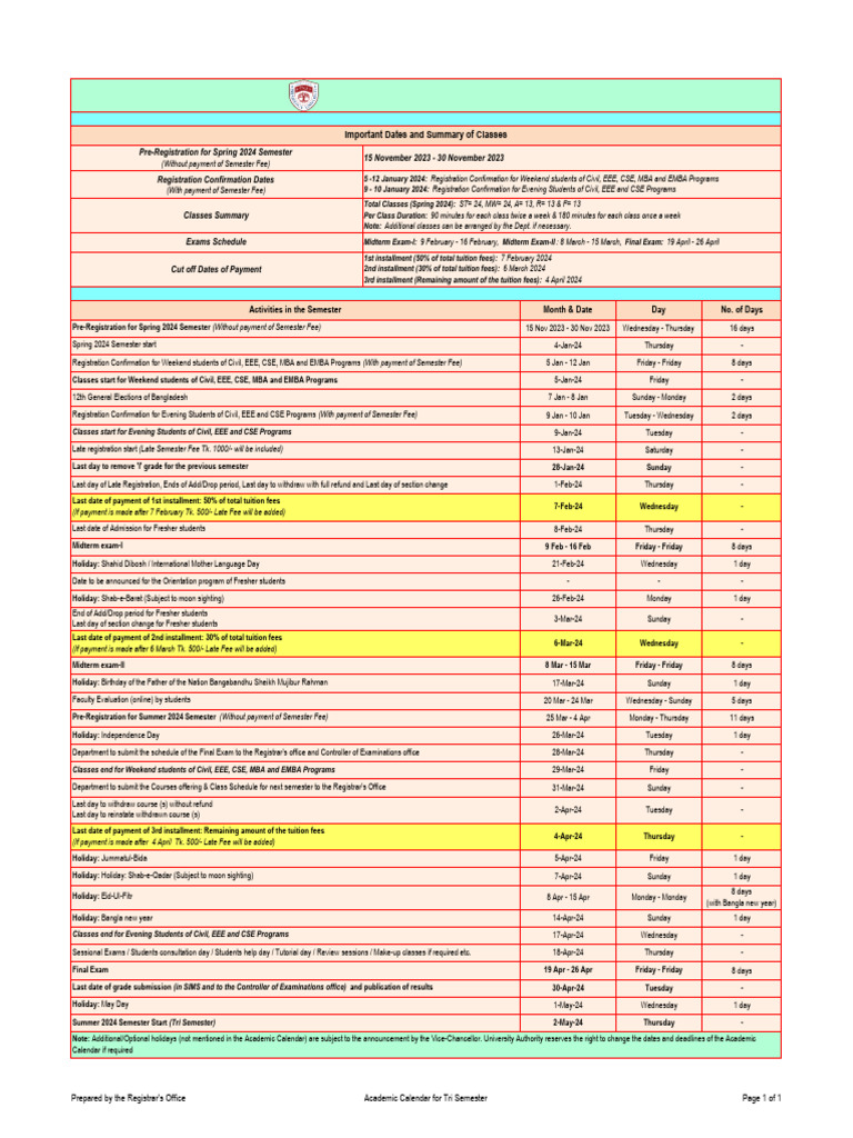 Academic Calendar Spring 2024 Tri Semester | PDF | Academic Term ...