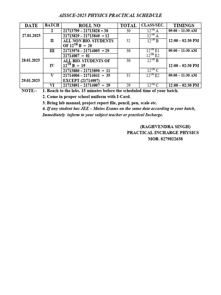 Date Roll No Total Timings: Aissce-2025 Physics Practical Schedule | PDF