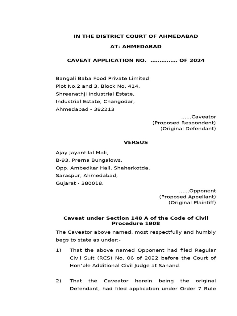 Ahmedabad - District Court - Caveat Application & Affidavit - Ajay Mali vs. Bangali Bab Food ...