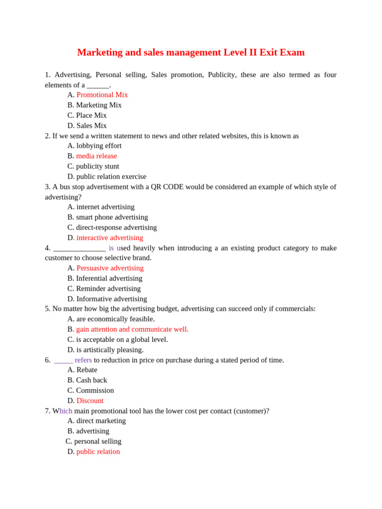 Exit Exam | PDF | Marketing | Pricing