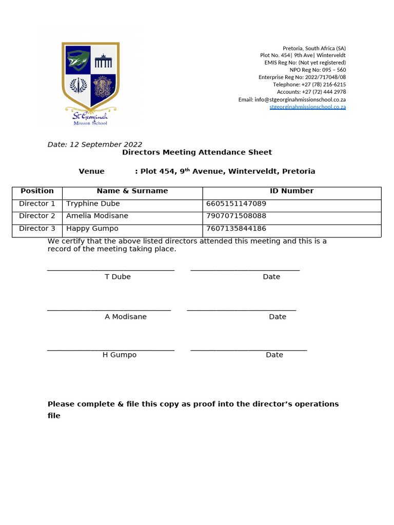 Directors Meeting Attendance Register | PDF