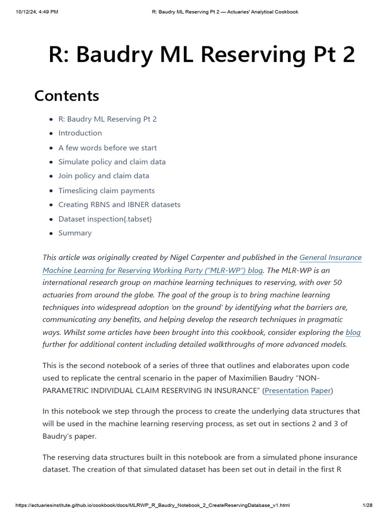 R - Baudry ML Reserving PT 2 - Actuaries' Analytical Cookbook | PDF | Data | Machine Learning