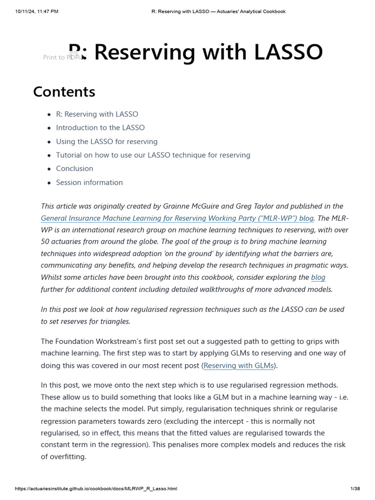 R_ Reserving with LASSO — Actuaries' Analytical Cookbook | PDF | Linear ...