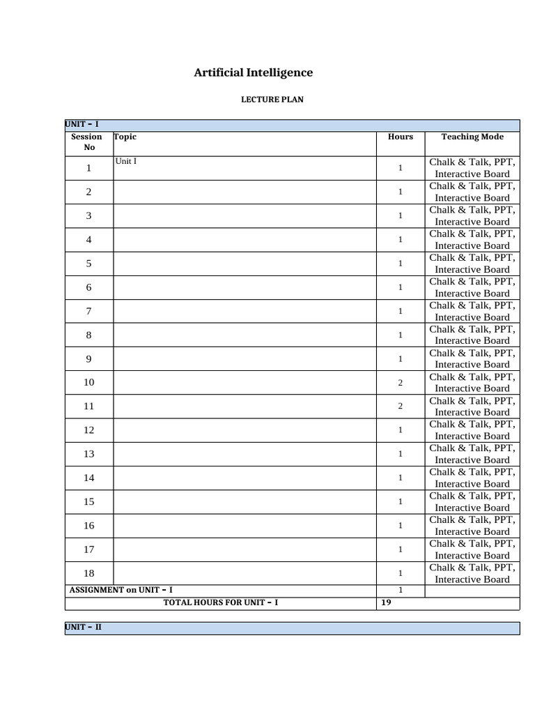 Artificial Intelligence-Lecture Plan | PDF