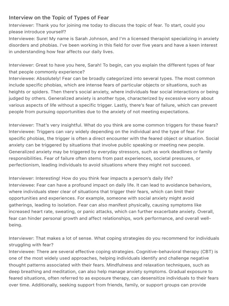 Interview On The Topic of Types of Fear | PDF | Fear | Anxiety