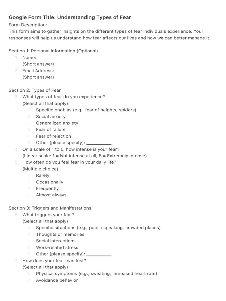 Google Form Title: Understanding Types of Fear | PDF | Fear | Anxiety
