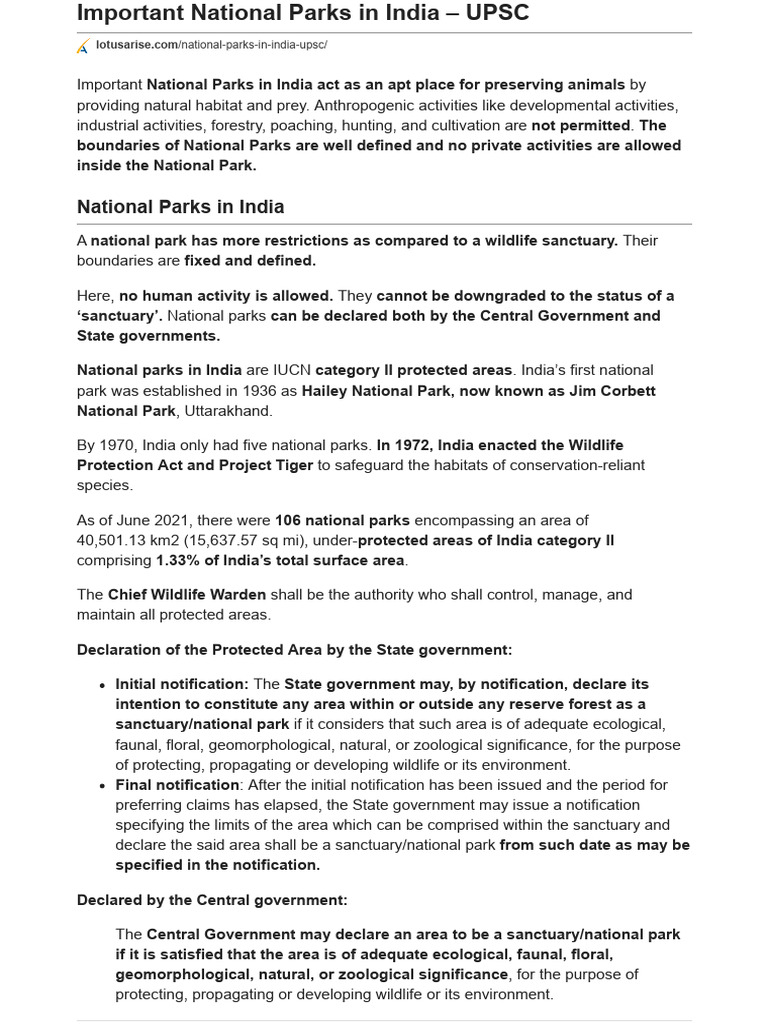 Important National Parks in India – UPSC | PDF | Protected Area | Environmental Protection