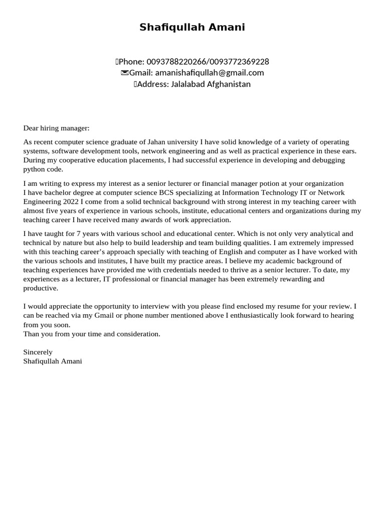 Amani's Resume 2025 | PDF | Afghanistan | Computing