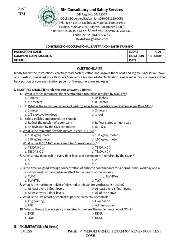 004 5MCSS Exam 004 Rev2-Post Test Cosh 1 | PDF | Safety | Occupational ...