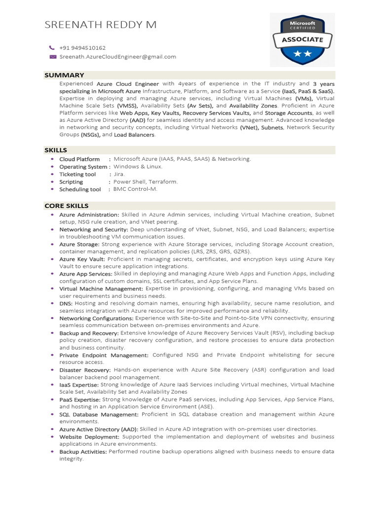 Sreenath AzureCloud 4 Years | PDF | Computer Network | Microsoft Azure