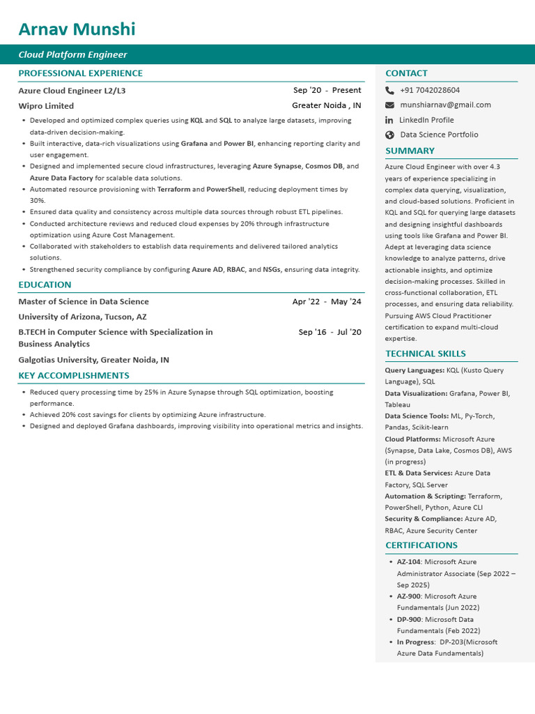 Arnav Munshi Azure Cloud CV 2024 | PDF | Microsoft Azure | Cloud Computing