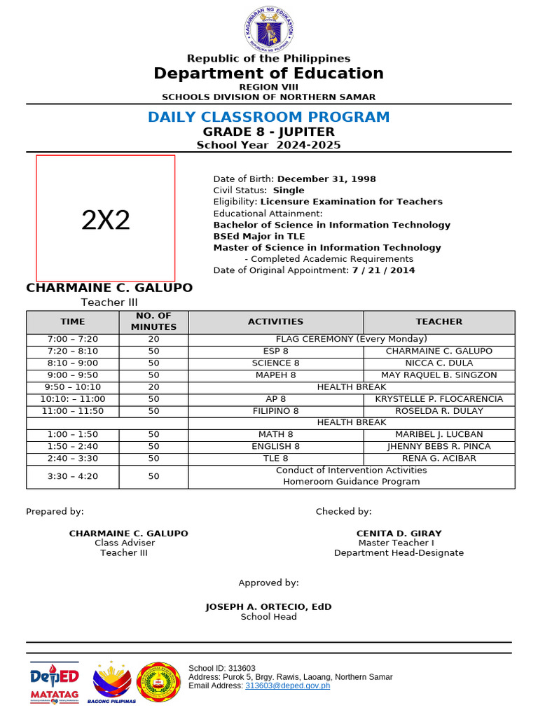 Daily Classroom Program for Grade 8 | PDF
