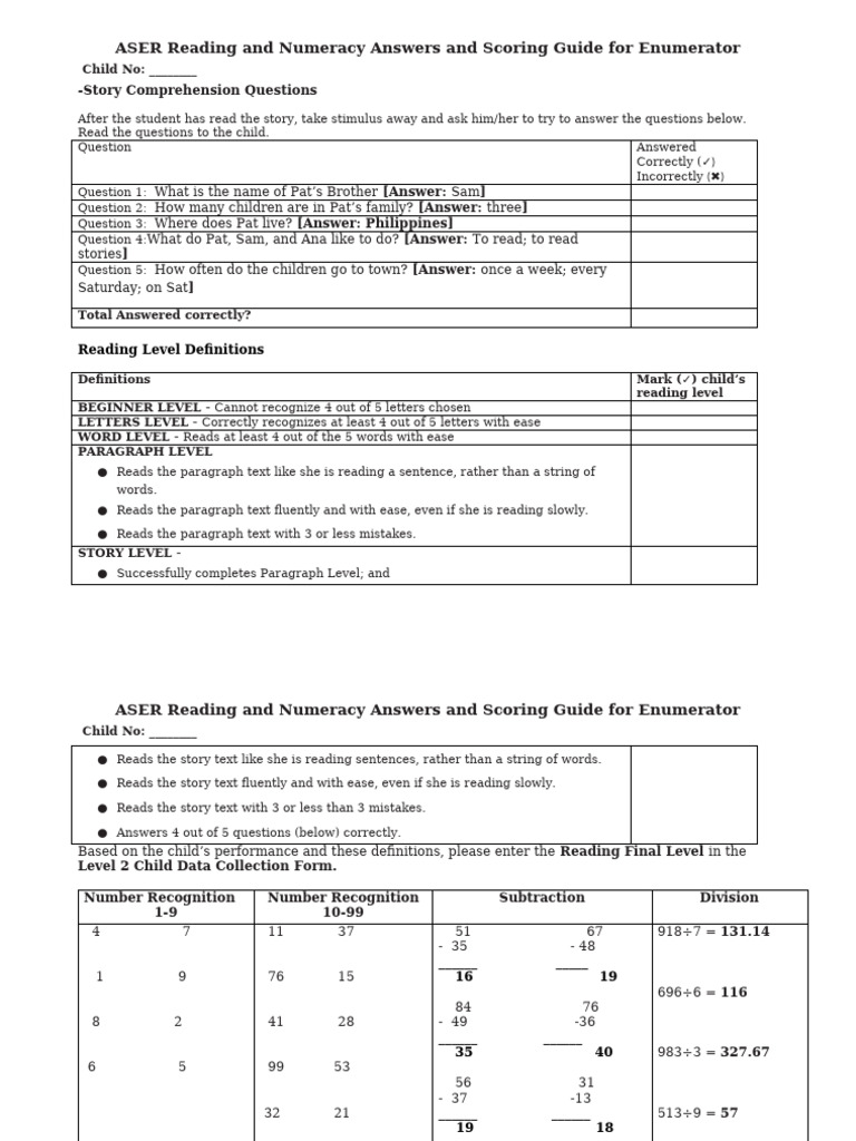 ASER Level 2 Reading and Numeracy Answers and Scoring Guide for ...