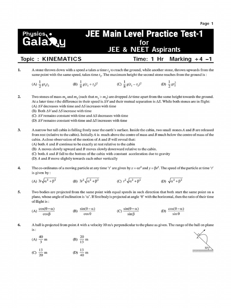 #MOCK JEE Main Practice Test 1 Kinematics 1D, 2D, Relative Motion | PDF
