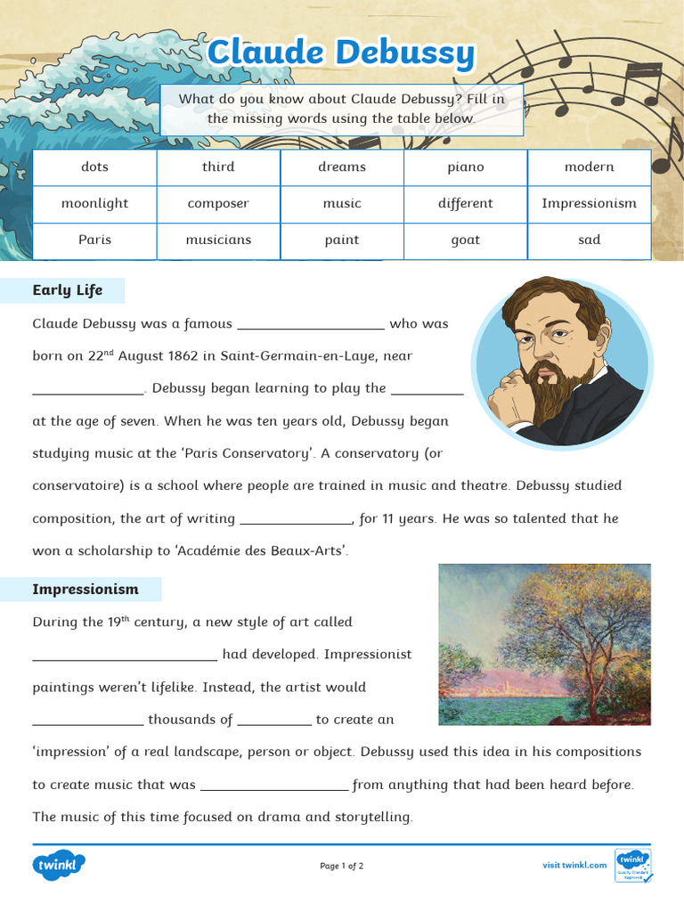 T Mu 1682332876 Claude Debussy Cloze Activity - Ver - 1 | PDF ...