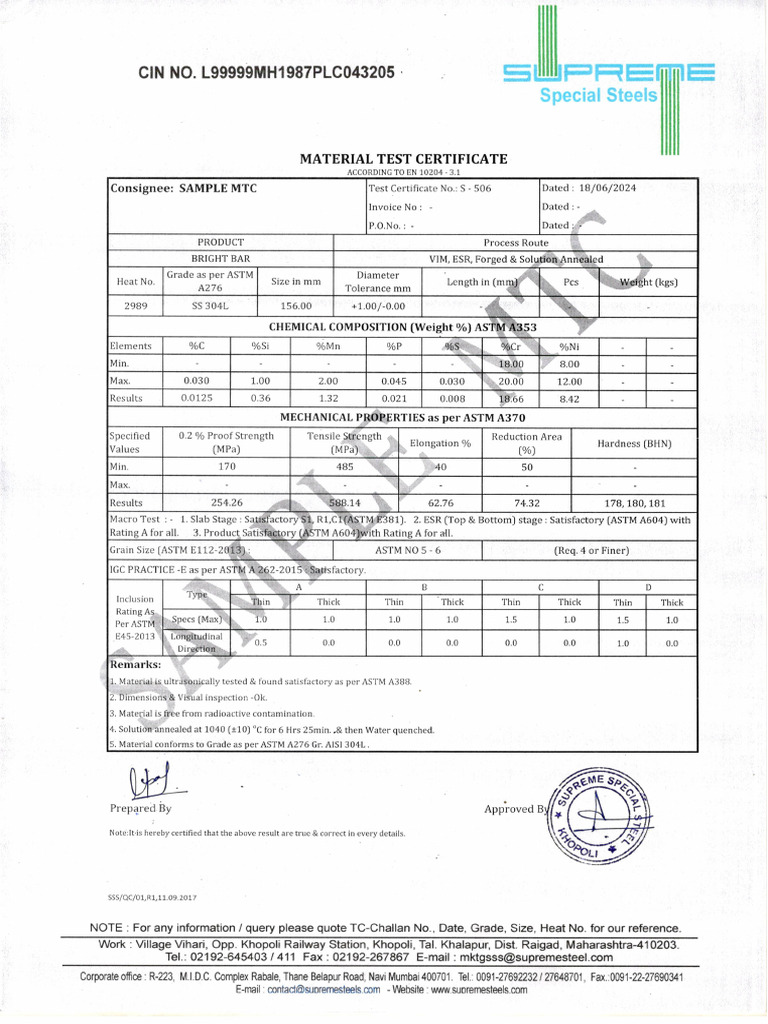 Sample Mtc Ss304l | PDF