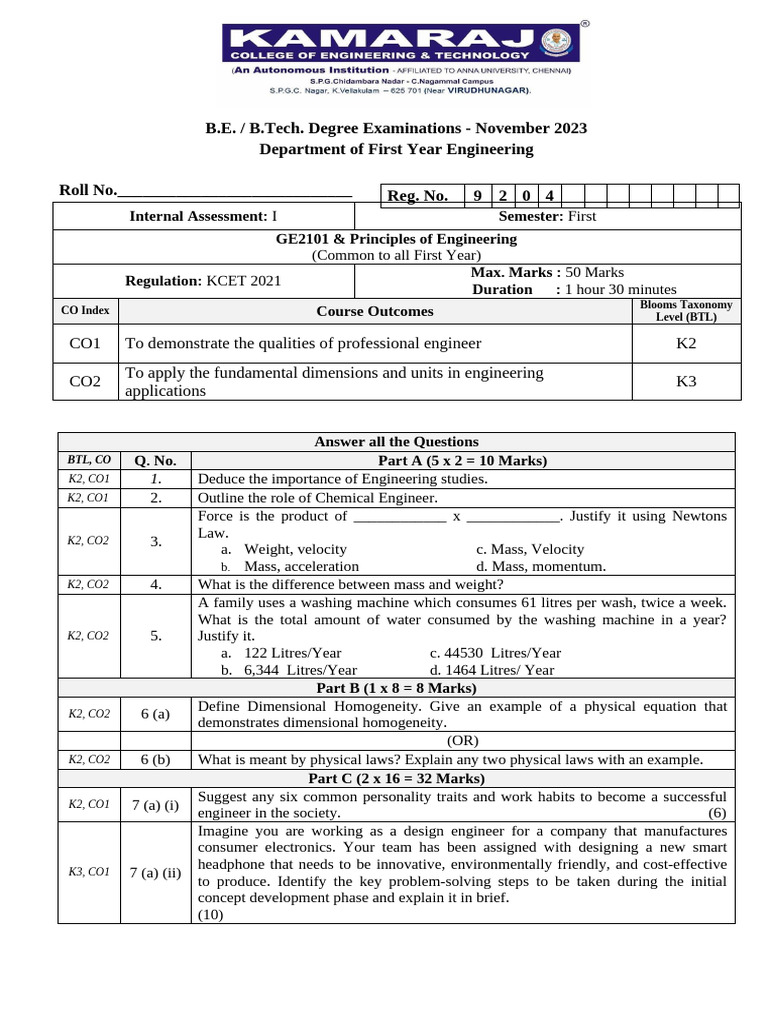 GE2101_CT1_SET 1-- | PDF | Mass | Physical Phenomena