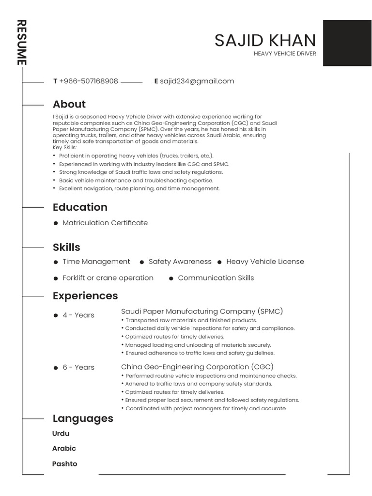 Experienced Heavy Vehicle Driver Resume | PDF | Truck | Safety