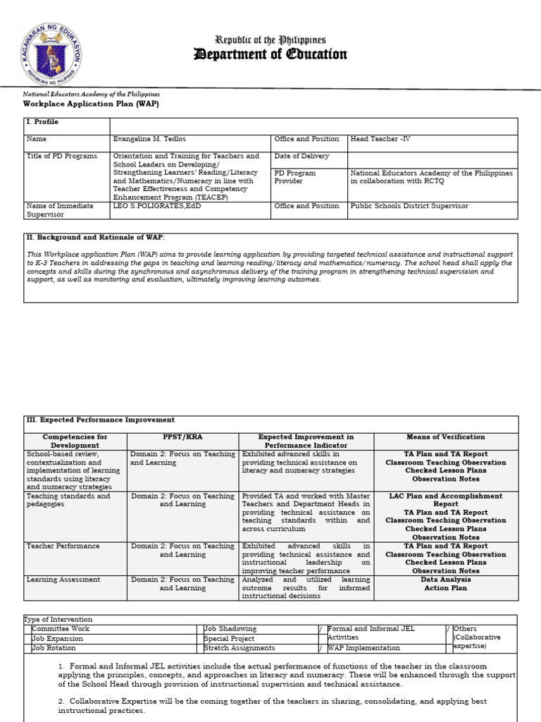 TEACEP - WAP For School Heads - v3 | PDF | Teachers | Lesson Plan