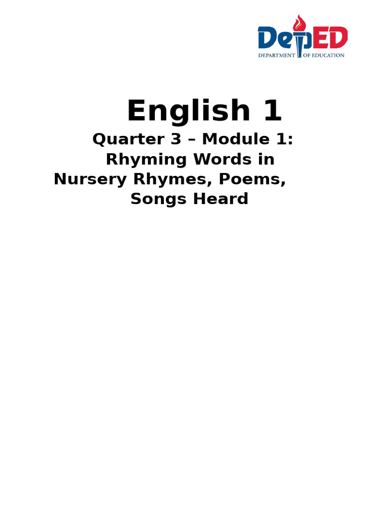 ENGLISH GRADE 1 QUARTER 3 MODULE 1 Rhyming Words in Nursery Rhymes ...