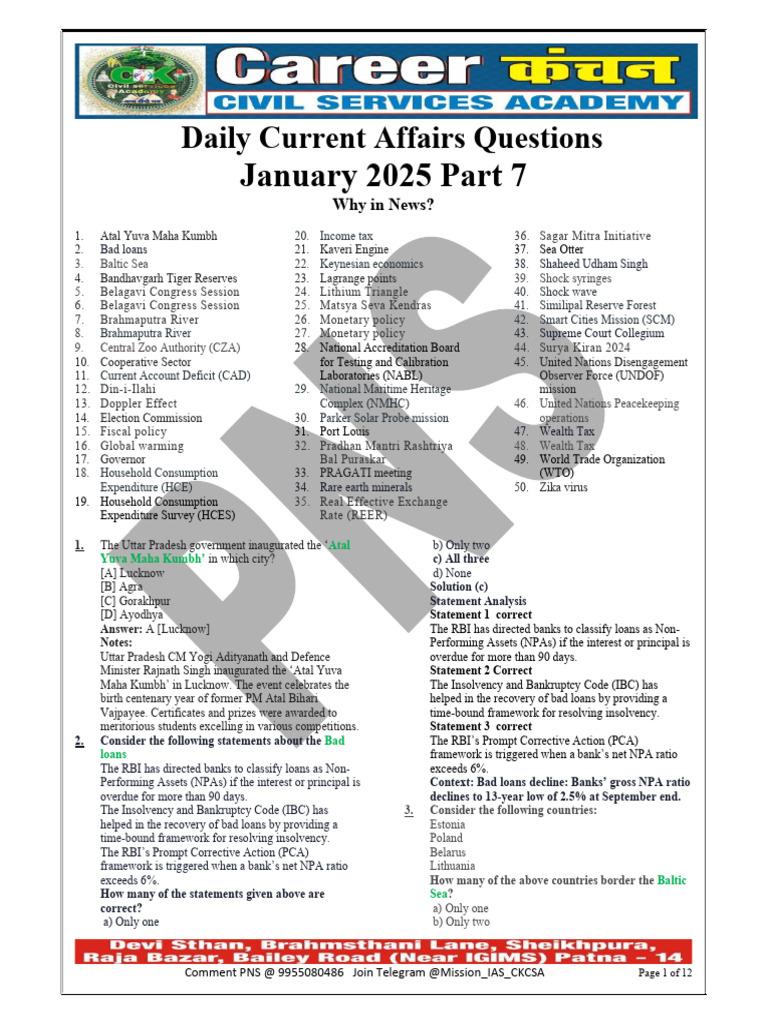 CURRENT AFFAIRS Questions Part 07 January 2025 | PDF | Recession ...