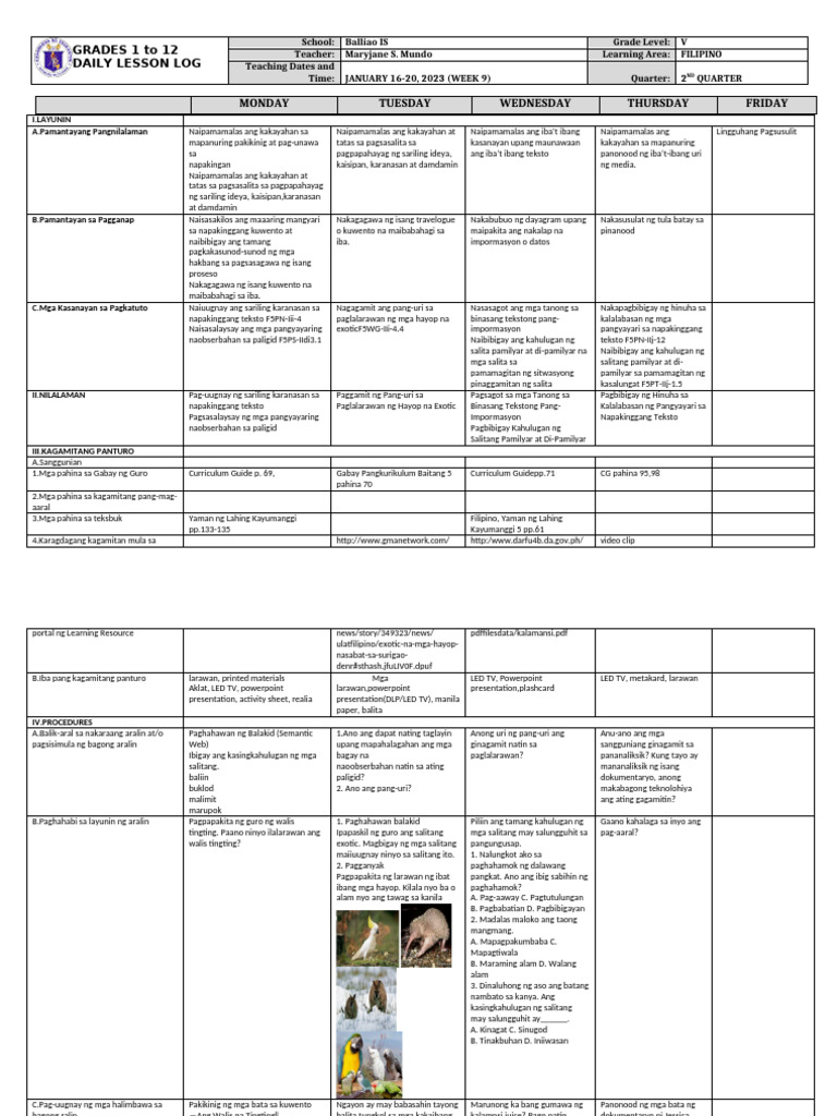 DLL - Filipino 5 - Q2 - W9 | PDF