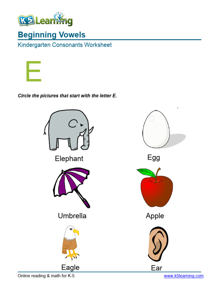 Kindergarten Beginning Vowels Letter E | PDF