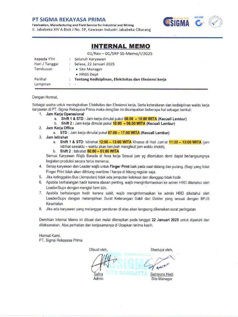 Internal Memo Jam Kerja & Finger Print | PDF