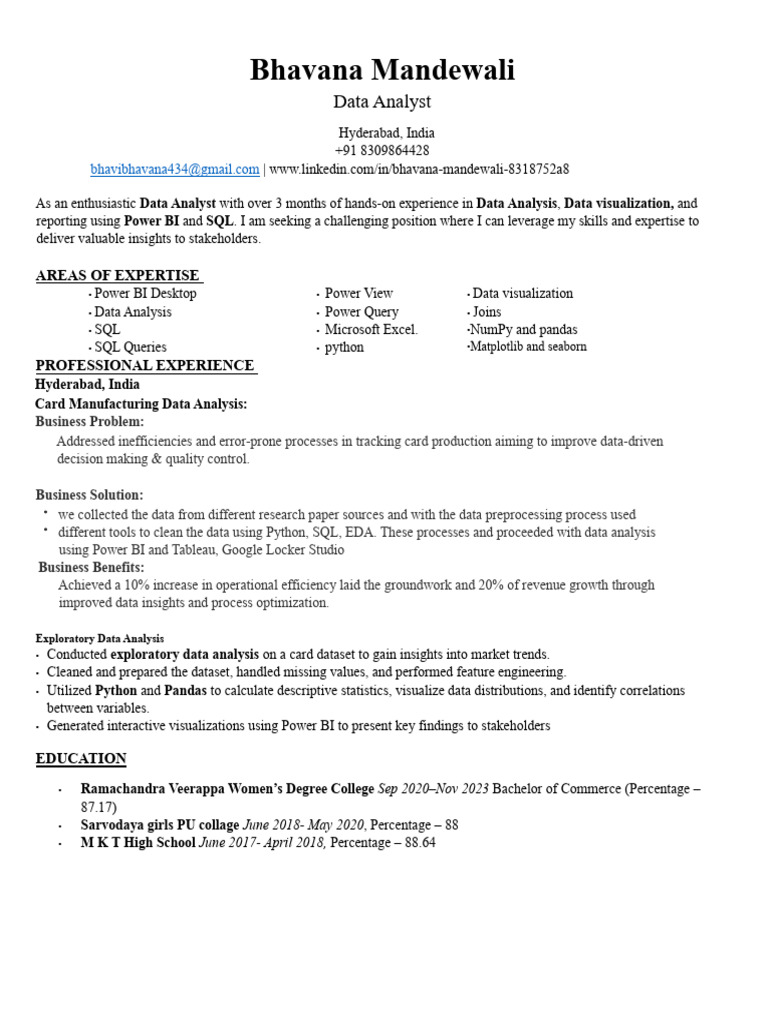 Bhavana Resume PDF | PDF | Data Analysis | Data