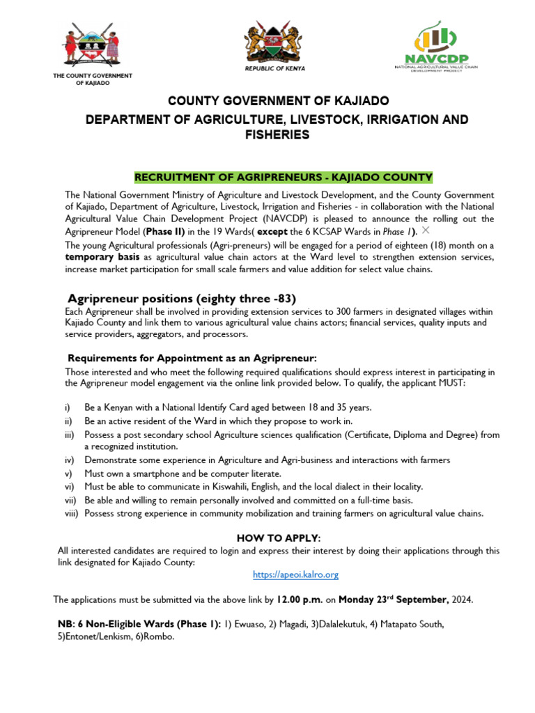 Advert-Phase 2 Agriprenuers Recruitment-17th September 2024-NAVCDP Kajiado | PDF | Agriculture
